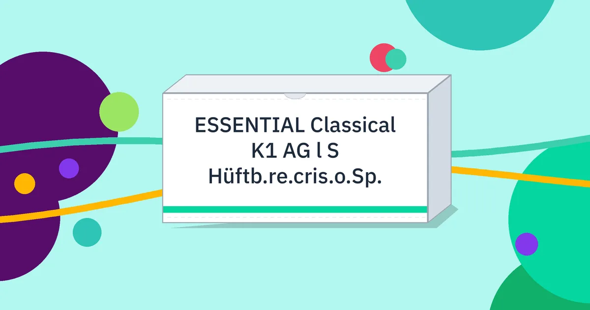 Symbolbild: Packung mit der Aufschrift ESSENTIAL Classical K1 AG l S Hüftb.re.cris.o.Sp. (PZN 17012243) – Verfügbarkeit und Bezug in Apotheken in Frankfurt am Main