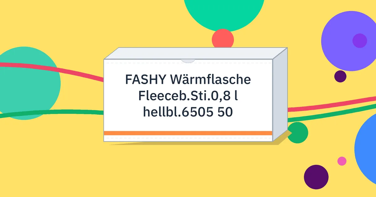 Symbolbild: Packung mit der Aufschrift FASHY Wärmflasche Fleeceb.Sti.0,8 l hellbl.6505 50 (PZN 16579172) – Verfügbarkeit und Bezug in Apotheken in Frankfurt am Main
