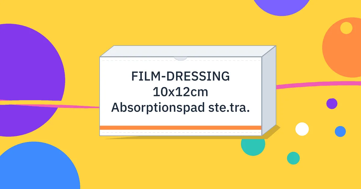 Symbolbild: Packung mit der Aufschrift FILM-DRESSING 10x12cm Absorptionspad ste.tra. (PZN 19508936) – Verfügbarkeit und Bezug in Apotheken in Frankfurt am Main