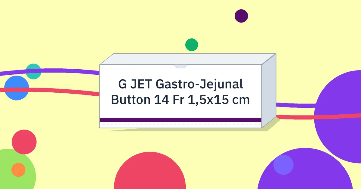 Symbolbild: Packung mit der Aufschrift G JET Gastro-Jejunal Button 14 Fr 1,5x15 cm (PZN 14342661) – Verfügbarkeit und Bezug in Apotheken in Frankfurt am Main