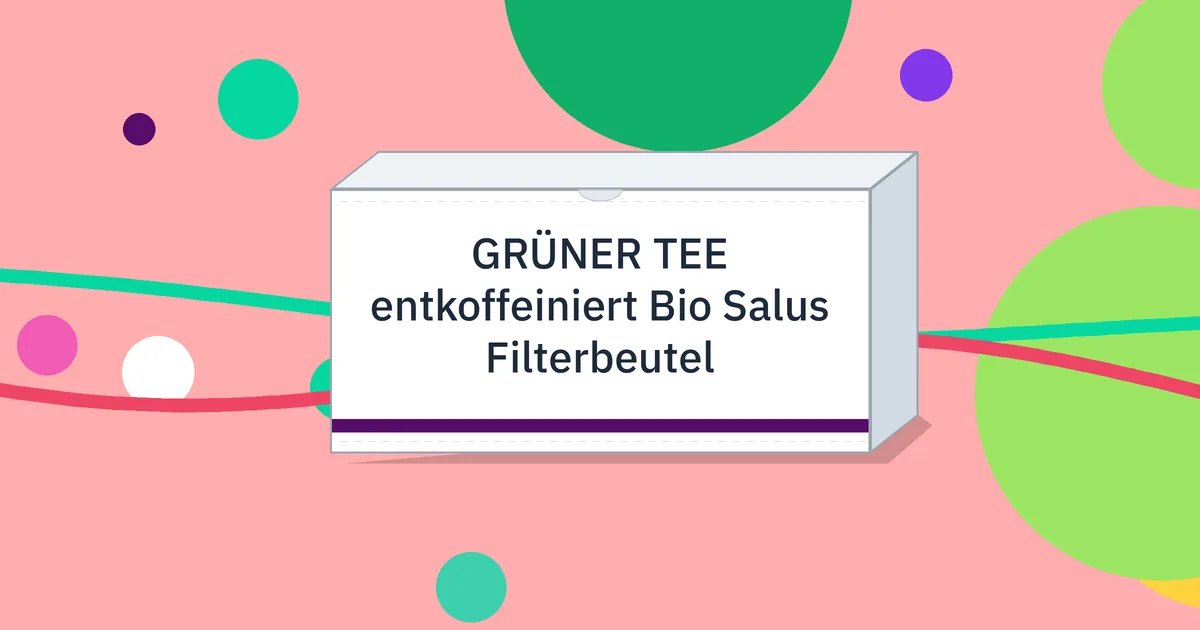 Symbolbild: Packung mit der Aufschrift GRÜNER TEE entkoffeiniert Bio Salus Filterbeutel (PZN 06706066) – Verfügbarkeit und Bezug in Apotheken in Frankfurt am Main
