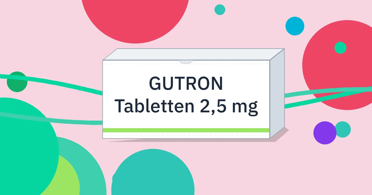 Symbolbild: Packung mit der Aufschrift GUTRON Tabletten 2,5 mg (PZN 08537107) – Verfügbarkeit und Bezug in Apotheken in Frankfurt am Main