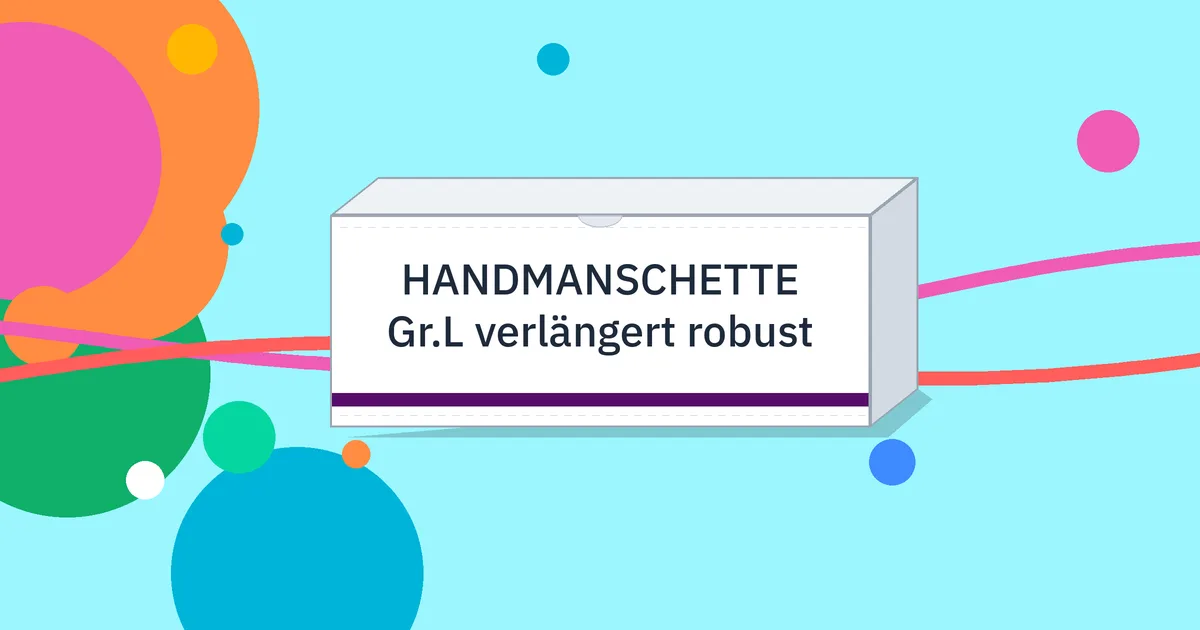 Symbolbild: Packung mit der Aufschrift HANDMANSCHETTE Gr.L verlängert robust (PZN 05025648) – Verfügbarkeit und Bezug in Apotheken in Frankfurt am Main