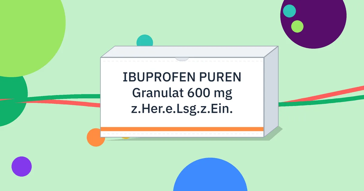 Symbolbild: Packung mit der Aufschrift IBUPROFEN PUREN Granulat 600 mg z.Her.e.Lsg.z.Ein. (PZN 11355166) – Verfügbarkeit und Bezug in Apotheken in Frankfurt am Main