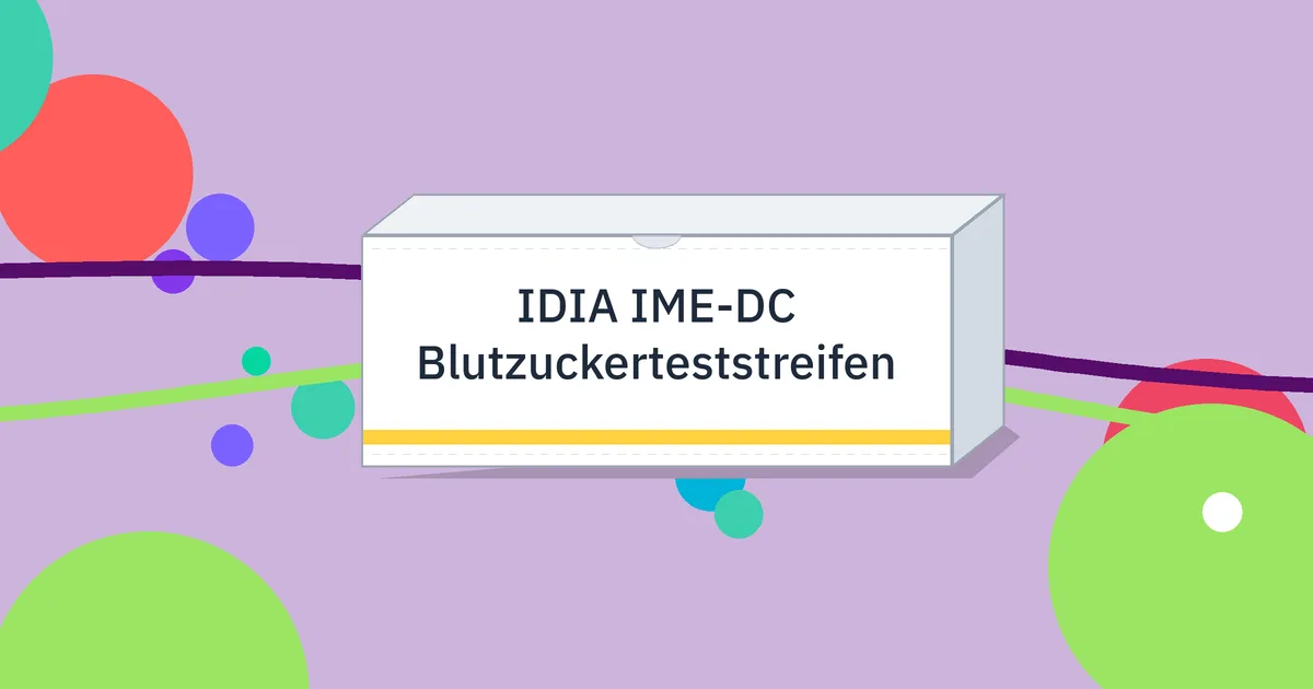 Symbolbild: Packung mit der Aufschrift IDIA IME-DC Blutzuckerteststreifen (PZN 06426496) – Verfügbarkeit und Bezug in Apotheken in Frankfurt am Main