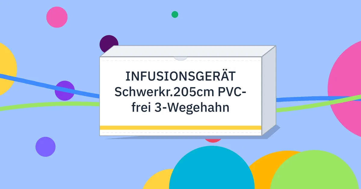 Symbolbild: Packung mit der Aufschrift INFUSIONSGERÄT Schwerkr.205cm PVC-frei 3-Wegehahn (PZN 19893963) – Verfügbarkeit und Bezug in Apotheken in Frankfurt am Main