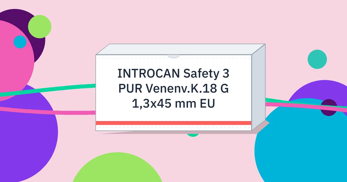 Symbolbild: Packung mit der Aufschrift INTROCAN Safety 3 PUR Venenv.K.18 G 1,3x45 mm EU (PZN 20345095) – Verfügbarkeit und Bezug in Apotheken in Frankfurt am Main