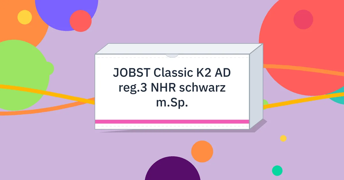 Symbolbild: Packung mit der Aufschrift JOBST Classic K2 AD reg.3 NHR schwarz m.Sp. (PZN 13061948) – Verfügbarkeit und Bezug in Apotheken in Frankfurt am Main