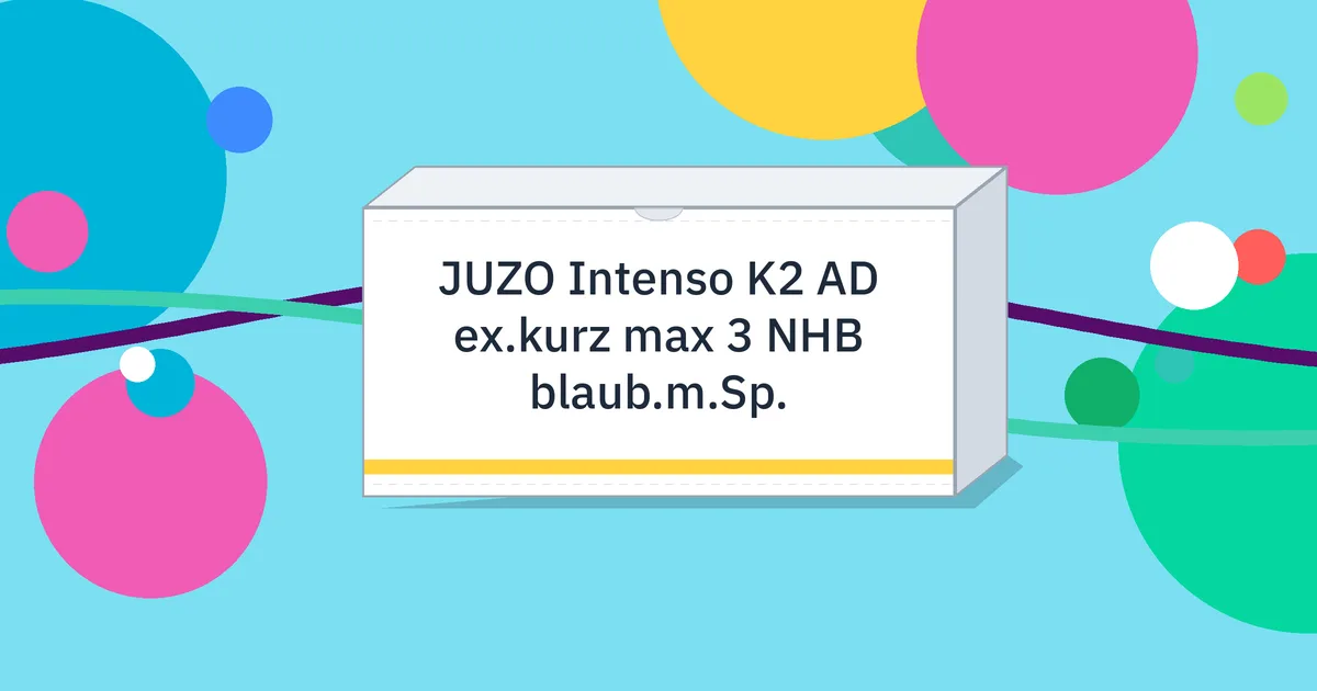 Symbolbild: Packung mit der Aufschrift JUZO Intenso K2 AD ex.kurz max 3 NHB blaub.m.Sp. (PZN 18610443) – Verfügbarkeit und Bezug in Apotheken in Frankfurt am Main