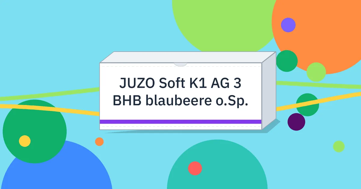 Symbolbild: Packung mit der Aufschrift JUZO Soft K1 AG 3 BHB blaubeere o.Sp. (PZN 14821634) – Verfügbarkeit und Bezug in Apotheken in Frankfurt am Main