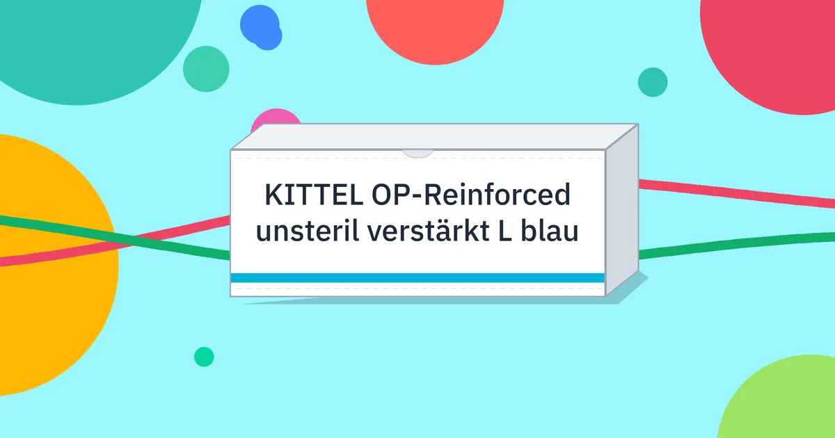 Symbolbild: Packung mit der Aufschrift KITTEL OP-Reinforced unsteril verstärkt L blau (PZN 17280506) – Verfügbarkeit und Bezug in Apotheken in Frankfurt am Main