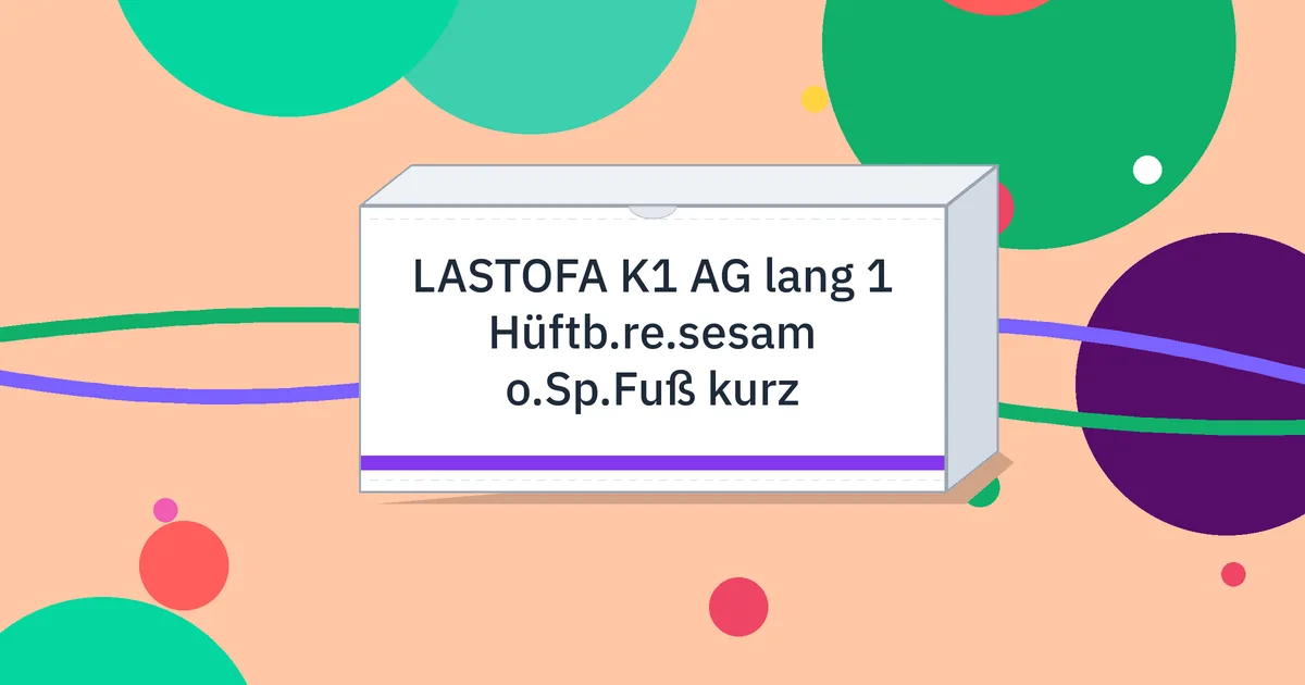 Symbolbild: Packung mit der Aufschrift LASTOFA K1 AG lang 1 Hüftb.re.sesam o.Sp.Fuß kurz (PZN 13797419) – Verfügbarkeit und Bezug in Apotheken in Frankfurt am Main