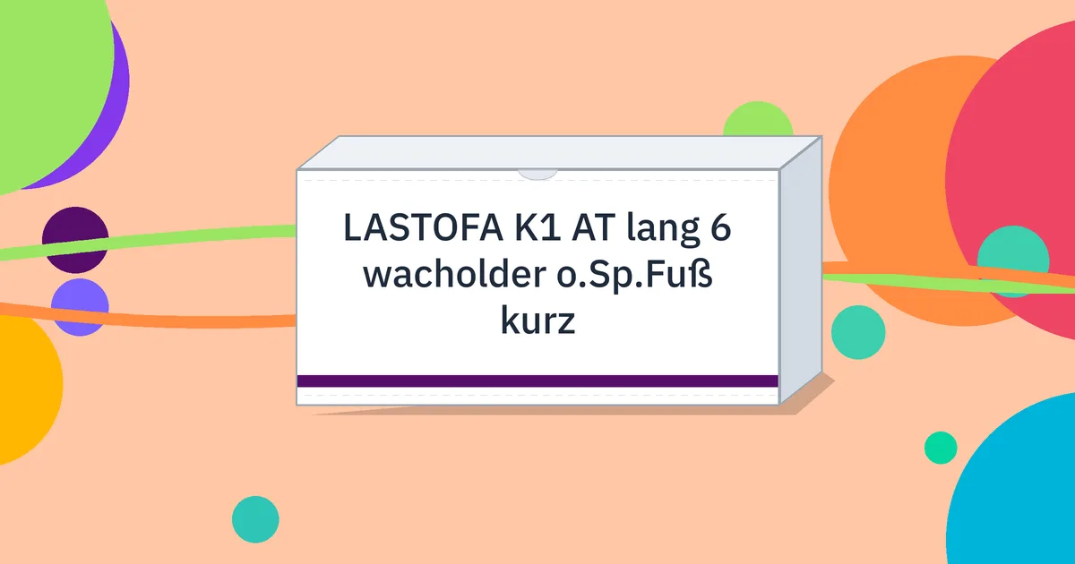 Symbolbild: Packung mit der Aufschrift LASTOFA K1 AT lang 6 wacholder o.Sp.Fuß kurz (PZN 13796992) – Verfügbarkeit und Bezug in Apotheken in Frankfurt am Main