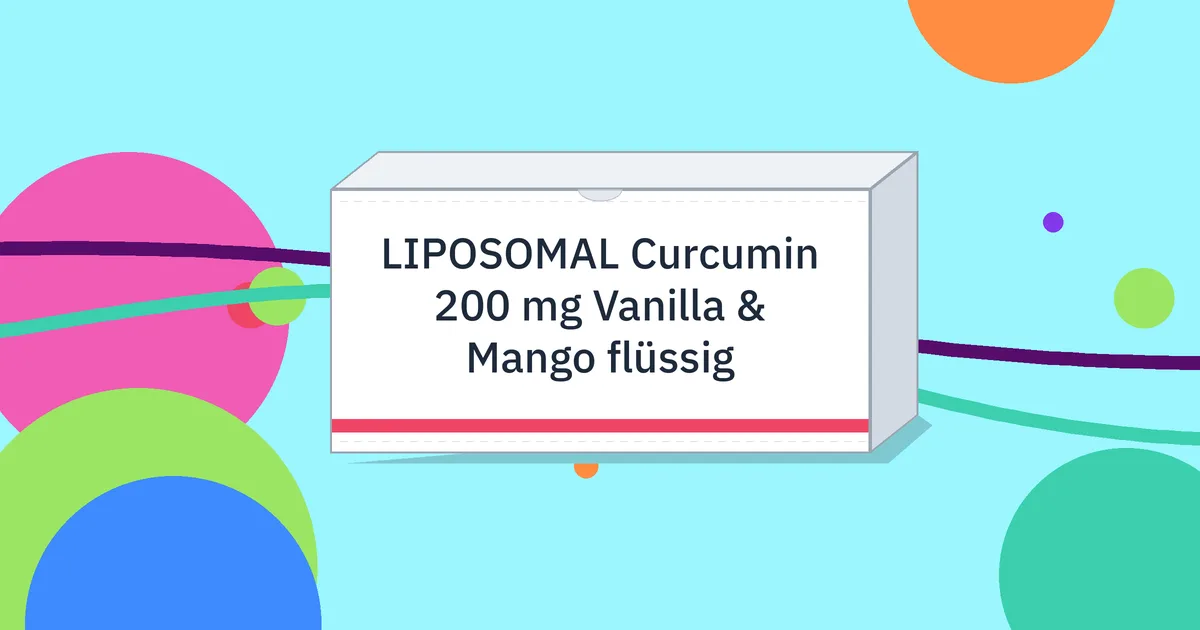 Symbolbild: Packung mit der Aufschrift LIPOSOMAL Curcumin 200 mg Vanilla & Mango flüssig (PZN 17560625) – Verfügbarkeit und Bezug in Apotheken in Frankfurt am Main