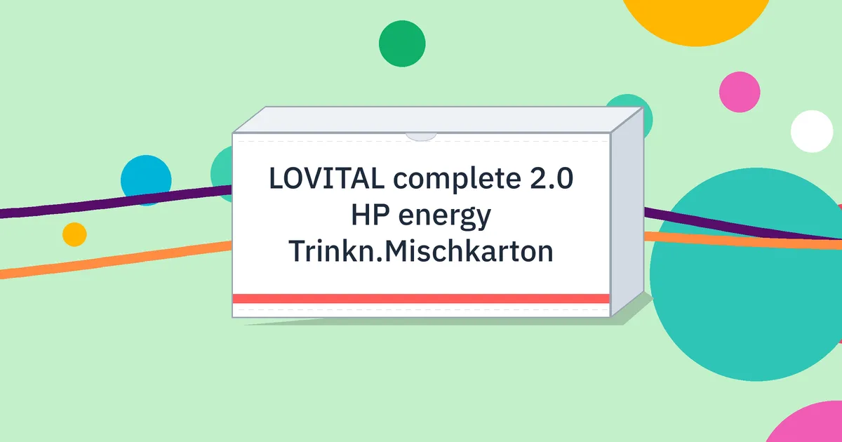 Symbolbild: Packung mit der Aufschrift LOVITAL complete 2.0 HP energy Trinkn.Mischkarton (PZN 20629734) – Verfügbarkeit und Bezug in Apotheken in Frankfurt am Main