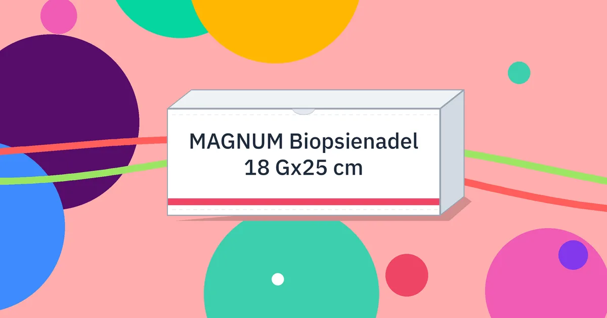 Symbolbild: Packung mit der Aufschrift MAGNUM Biopsienadel 18 Gx25 cm (PZN 03405915) – Verfügbarkeit und Bezug in Apotheken in Frankfurt am Main