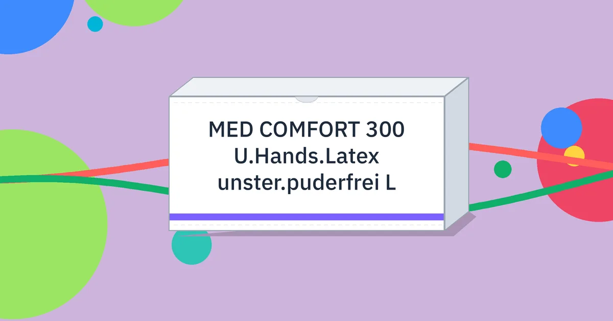 Symbolbild: Packung mit der Aufschrift MED COMFORT 300 U.Hands.Latex unster.puderfrei L (PZN 15785225) – Verfügbarkeit und Bezug in Apotheken in Frankfurt am Main