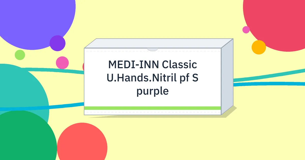 Symbolbild: Packung mit der Aufschrift MEDI-INN Classic U.Hands.Nitril pf S purple (PZN 18444861) – Verfügbarkeit und Bezug in Apotheken in Frankfurt am Main