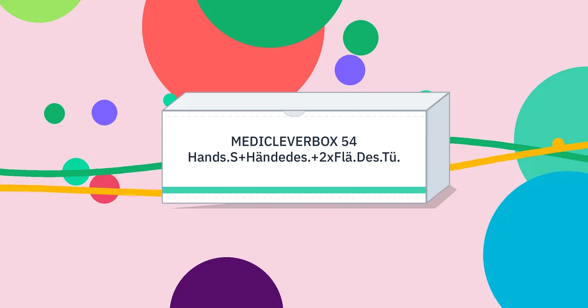 Symbolbild: Packung mit der Aufschrift MEDICLEVERBOX 54 Hands.S+Händedes.+2xFlä.Des.Tü. (PZN 19335654) – Verfügbarkeit und Bezug in Apotheken in Frankfurt am Main