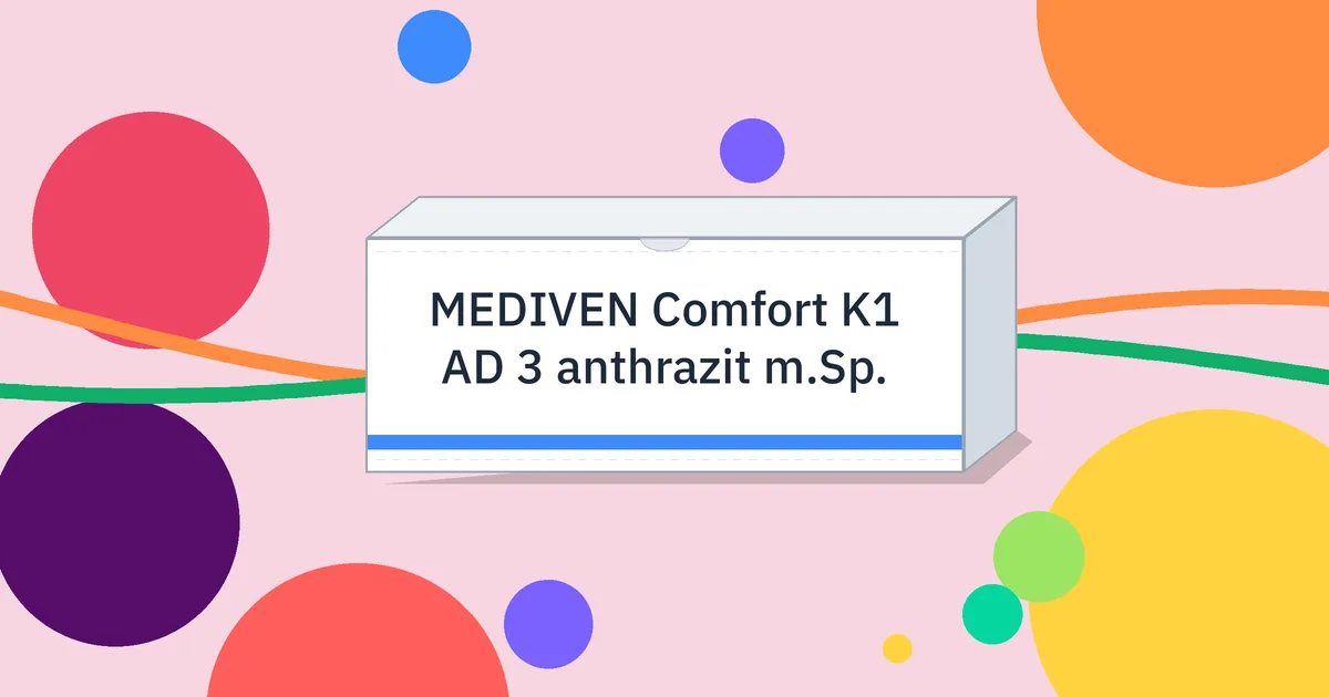 Symbolbild: Packung mit der Aufschrift MEDIVEN Comfort K1 AD 3 anthrazit m.Sp. (PZN 14558668) – Verfügbarkeit und Bezug in Apotheken in Frankfurt am Main