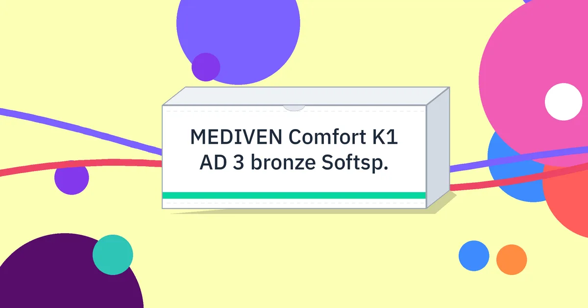 Symbolbild: Packung mit der Aufschrift MEDIVEN Comfort K1 AD 3 bronze Softsp. (PZN 14559254) – Verfügbarkeit und Bezug in Apotheken in Frankfurt am Main