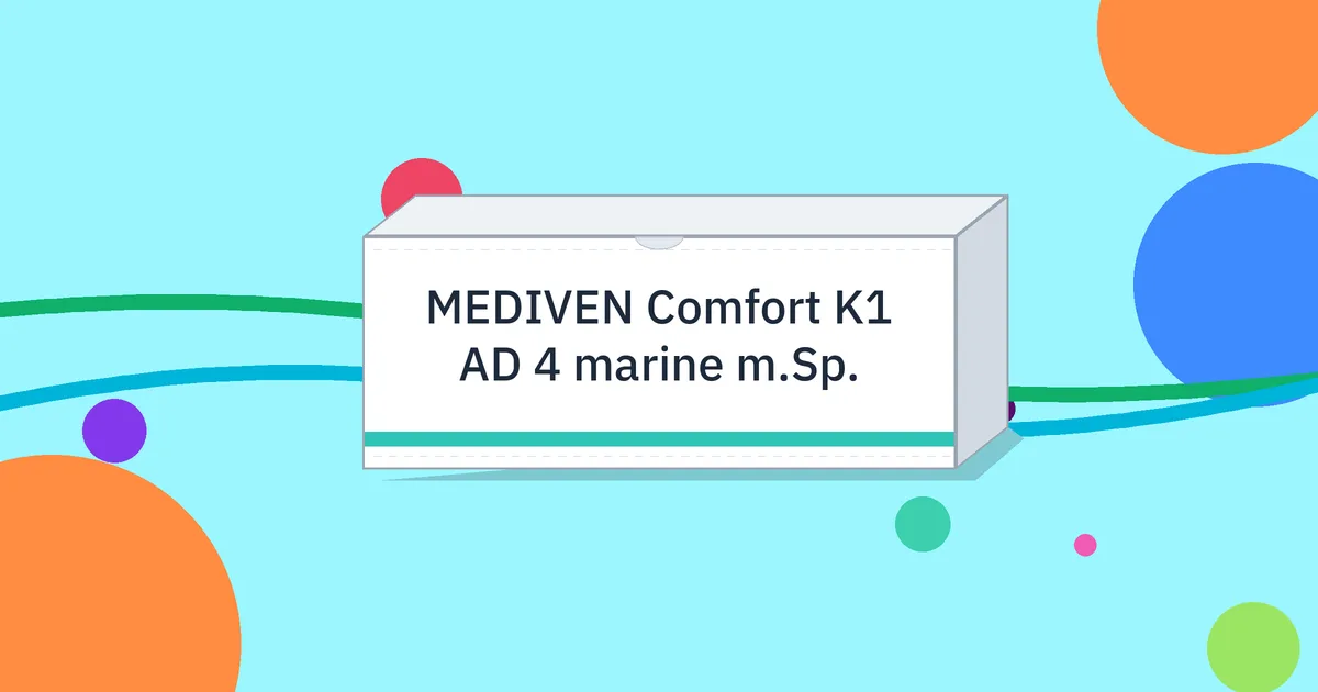 Symbolbild: Packung mit der Aufschrift MEDIVEN Comfort K1 AD 4 marine m.Sp. (PZN 14559739) – Verfügbarkeit und Bezug in Apotheken in Frankfurt am Main