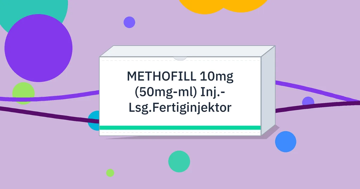 Symbolbild: Packung mit der Aufschrift METHOFILL 10mg (50mg-ml) Inj.-Lsg.Fertiginjektor (PZN 18660719) – Verfügbarkeit und Bezug in Apotheken in Frankfurt am Main