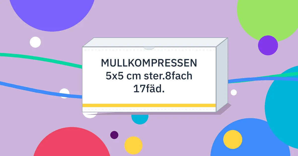 Symbolbild: Packung mit der Aufschrift MULLKOMPRESSEN 5x5 cm ster.8fach 17fäd. (PZN 06929033) – Verfügbarkeit und Bezug in Apotheken in Frankfurt am Main