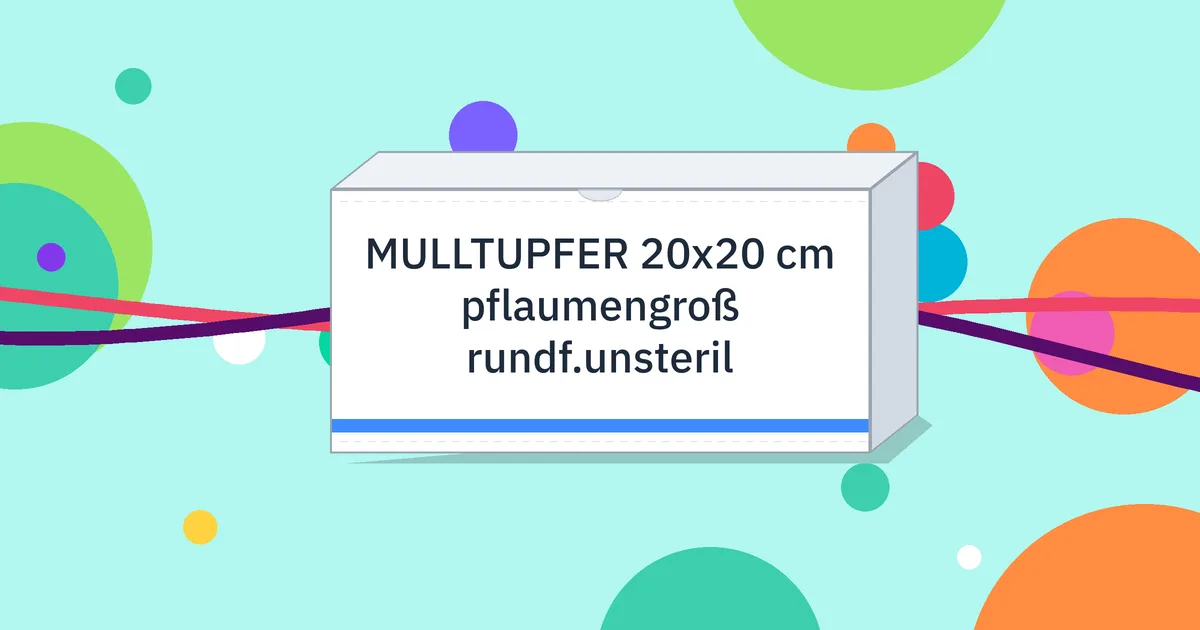 Symbolbild: Packung mit der Aufschrift MULLTUPFER 20x20 cm pflaumengroß rundf.unsteril (PZN 00822239) – Verfügbarkeit und Bezug in Apotheken in Frankfurt am Main