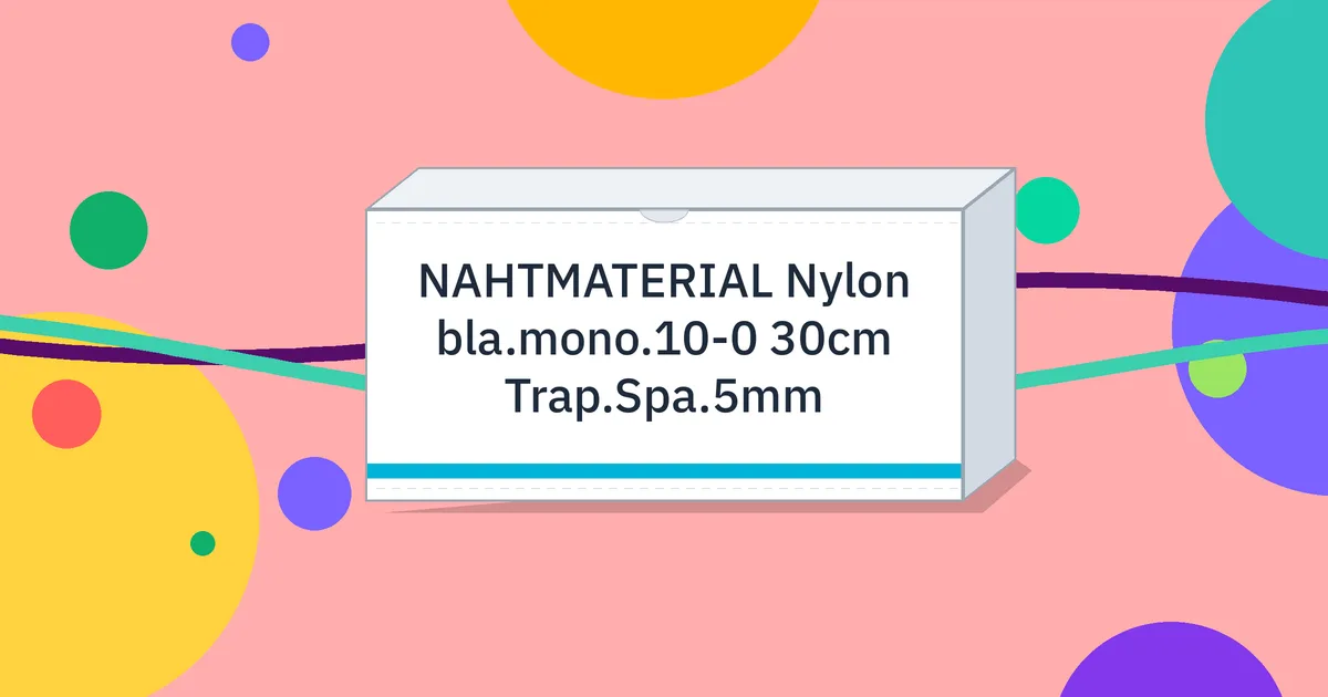 Symbolbild: Packung mit der Aufschrift NAHTMATERIAL Nylon bla.mono.10-0 30cm Trap.Spa.5mm (PZN 20321278) – Verfügbarkeit und Bezug in Apotheken in Frankfurt am Main