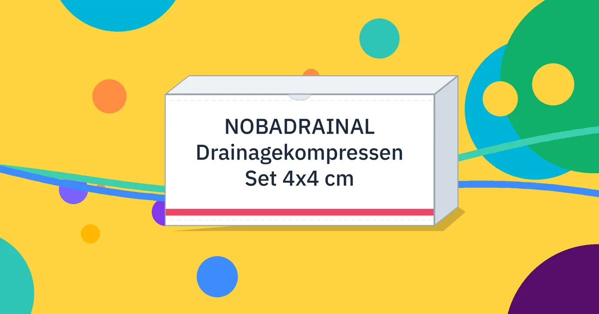 Symbolbild: Packung mit der Aufschrift NOBADRAINAL Drainagekompressen Set 4x4 cm (PZN 06583913) – Verfügbarkeit und Bezug in Apotheken in Frankfurt am Main