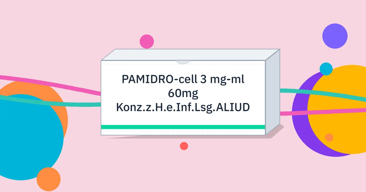 Symbolbild: Packung mit der Aufschrift PAMIDRO-cell 3 mg-ml 60mg Konz.z.H.e.Inf.Lsg.ALIUD (PZN 13838957) – Verfügbarkeit und Bezug in Apotheken in Frankfurt am Main