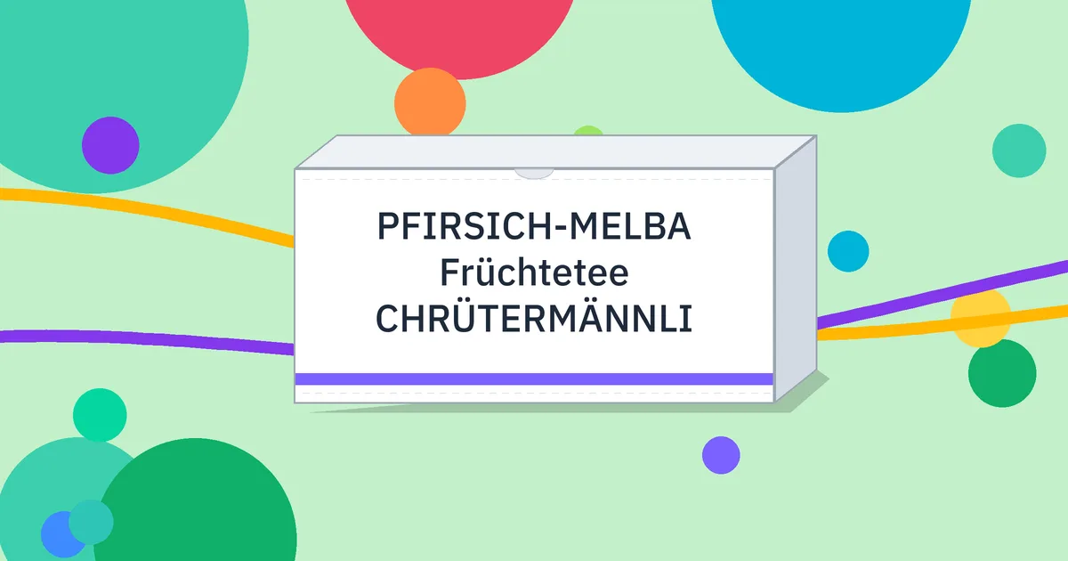 Symbolbild: Packung mit der Aufschrift PFIRSICH-MELBA Früchtetee CHRÜTERMÄNNLI (PZN 05884877) – Verfügbarkeit und Bezug in Apotheken in Frankfurt am Main