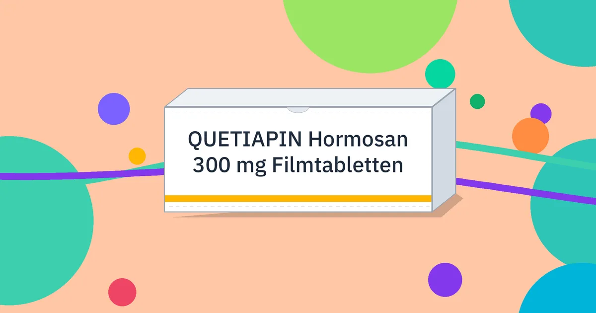 Symbolbild: Packung mit der Aufschrift QUETIAPIN Hormosan 300 mg Filmtabletten (PZN 09294629) – Verfügbarkeit und Bezug in Apotheken in Frankfurt am Main