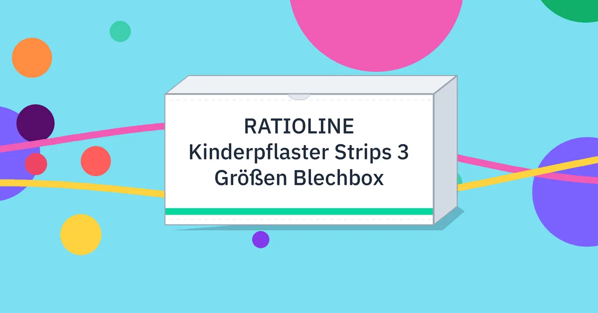 Symbolbild: Packung mit der Aufschrift RATIOLINE Kinderpflaster Strips 3 Größen Blechbox (PZN 17977377) – Verfügbarkeit und Bezug in Apotheken in Frankfurt am Main