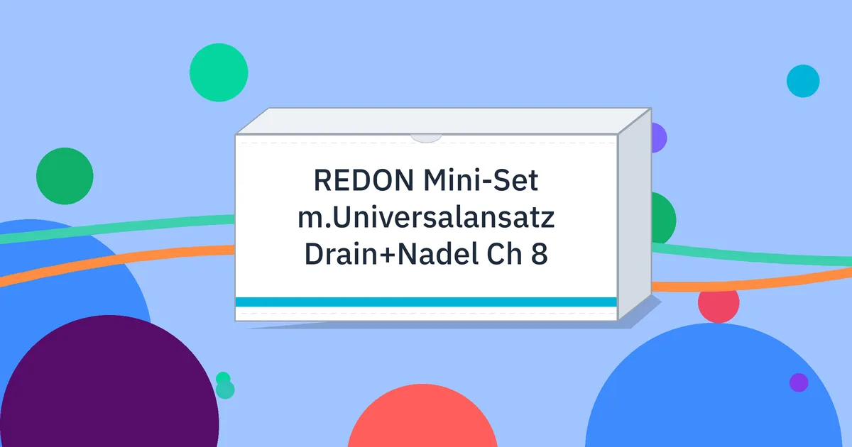Symbolbild: Packung mit der Aufschrift REDON Mini-Set m.Universalansatz Drain+Nadel Ch 8 (PZN 19686129) – Verfügbarkeit und Bezug in Apotheken in Frankfurt am Main