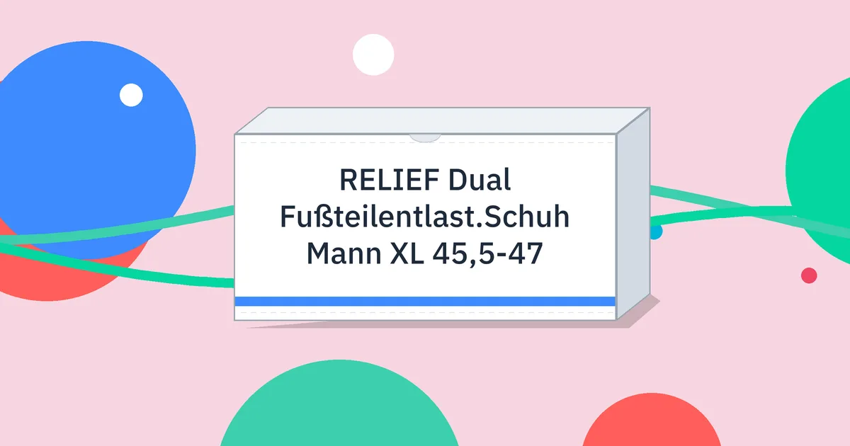 Symbolbild: Packung mit der Aufschrift RELIEF Dual Fußteilentlast.Schuh Mann XL 45,5-47 (PZN 16629846) – Verfügbarkeit und Bezug in Apotheken in Frankfurt am Main