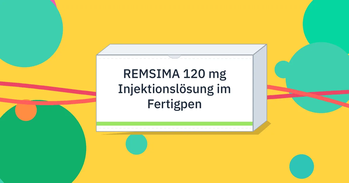 Symbolbild: Packung mit der Aufschrift REMSIMA 120 mg Injektionslösung im Fertigpen (PZN 16736045) – Verfügbarkeit und Bezug in Apotheken in Frankfurt am Main