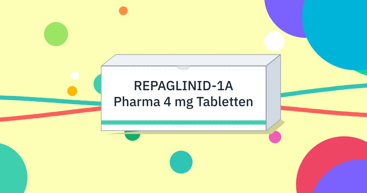 Symbolbild: Packung mit der Aufschrift REPAGLINID-1A Pharma 4 mg Tabletten (PZN 09121314) – Verfügbarkeit und Bezug in Apotheken in Frankfurt am Main