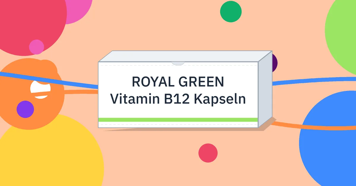 Symbolbild: Packung mit der Aufschrift ROYAL GREEN Vitamin B12 Kapseln (PZN 16505009) – Verfügbarkeit und Bezug in Apotheken in Frankfurt am Main