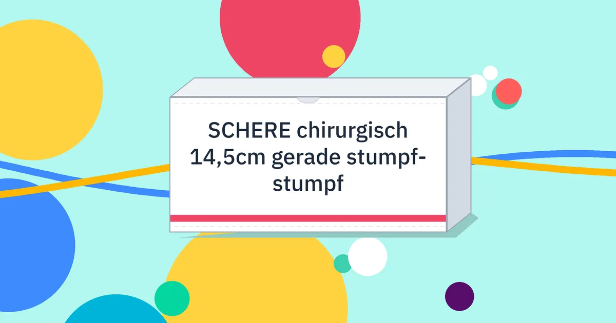 Symbolbild: Packung mit der Aufschrift SCHERE chirurgisch 14,5cm gerade stumpf-stumpf (PZN 09330578) – Verfügbarkeit und Bezug in Apotheken in Frankfurt am Main