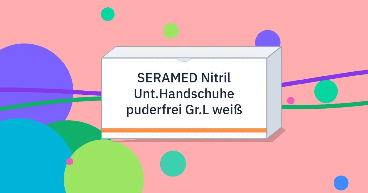 Symbolbild: Packung mit der Aufschrift SERAMED Nitril Unt.Handschuhe puderfrei Gr.L weiß (PZN 18061309) – Verfügbarkeit und Bezug in Apotheken in Frankfurt am Main