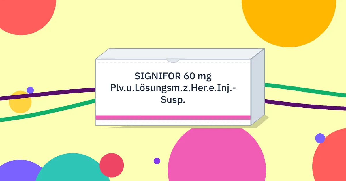 Symbolbild: Packung mit der Aufschrift SIGNIFOR 60 mg Plv.u.Lösungsm.z.Her.e.Inj.-Susp. (PZN 20197051) – Verfügbarkeit und Bezug in Apotheken in Frankfurt am Main