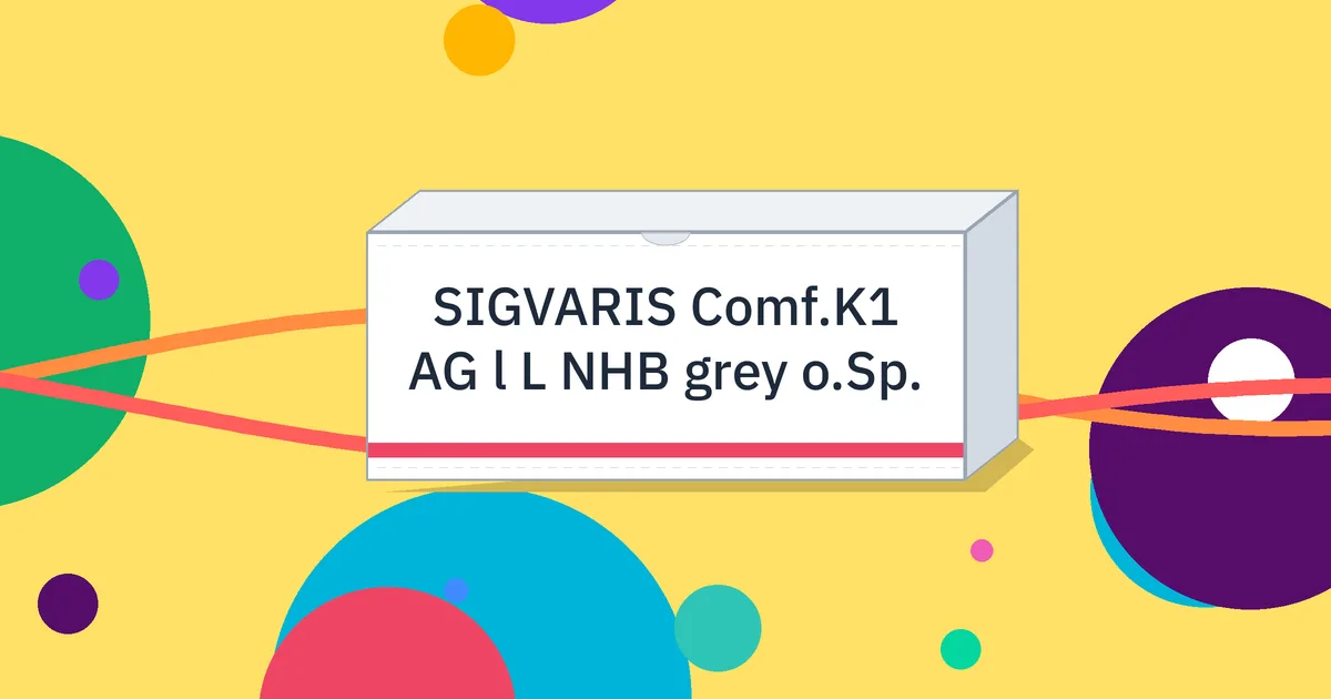 Symbolbild: Packung mit der Aufschrift SIGVARIS Comf.K1 AG l L NHB grey o.Sp. (PZN 17096145) – Verfügbarkeit und Bezug in Apotheken in Frankfurt am Main