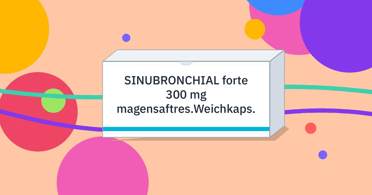 Symbolbild: Packung mit der Aufschrift SINUBRONCHIAL forte 300 mg magensaftres.Weichkaps. (PZN 18853140) – Verfügbarkeit und Bezug in Apotheken in Frankfurt am Main