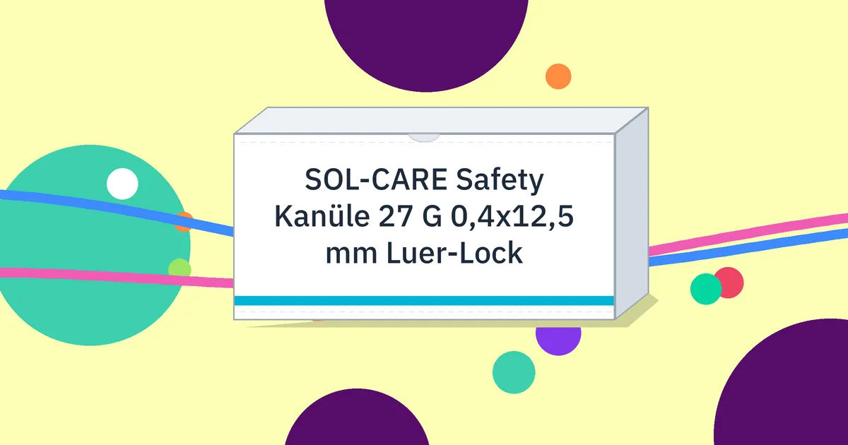 Symbolbild: Packung mit der Aufschrift SOL-CARE Safety Kanüle 27 G 0,4x12,5 mm Luer-Lock (PZN 19925031) – Verfügbarkeit und Bezug in Apotheken in Frankfurt am Main