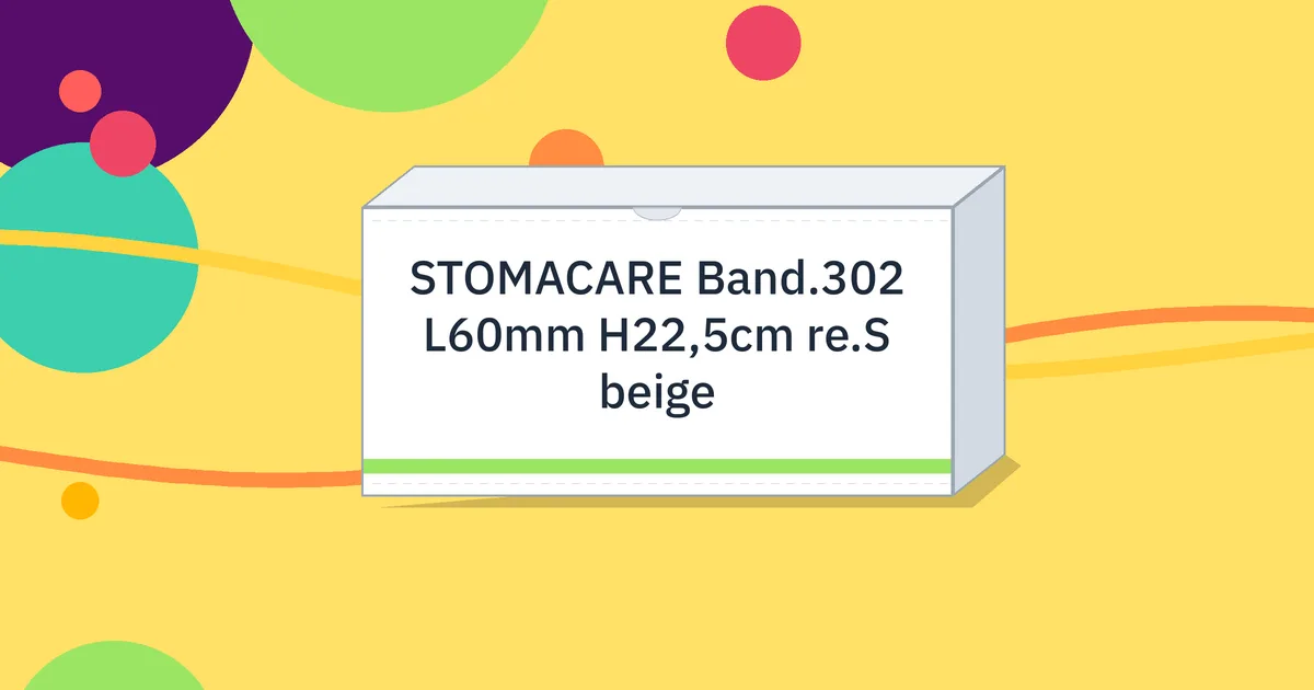 Symbolbild: Packung mit der Aufschrift STOMACARE Band.302 L60mm H22,5cm re.S beige (PZN 10840103) – Verfügbarkeit und Bezug in Apotheken in Frankfurt am Main