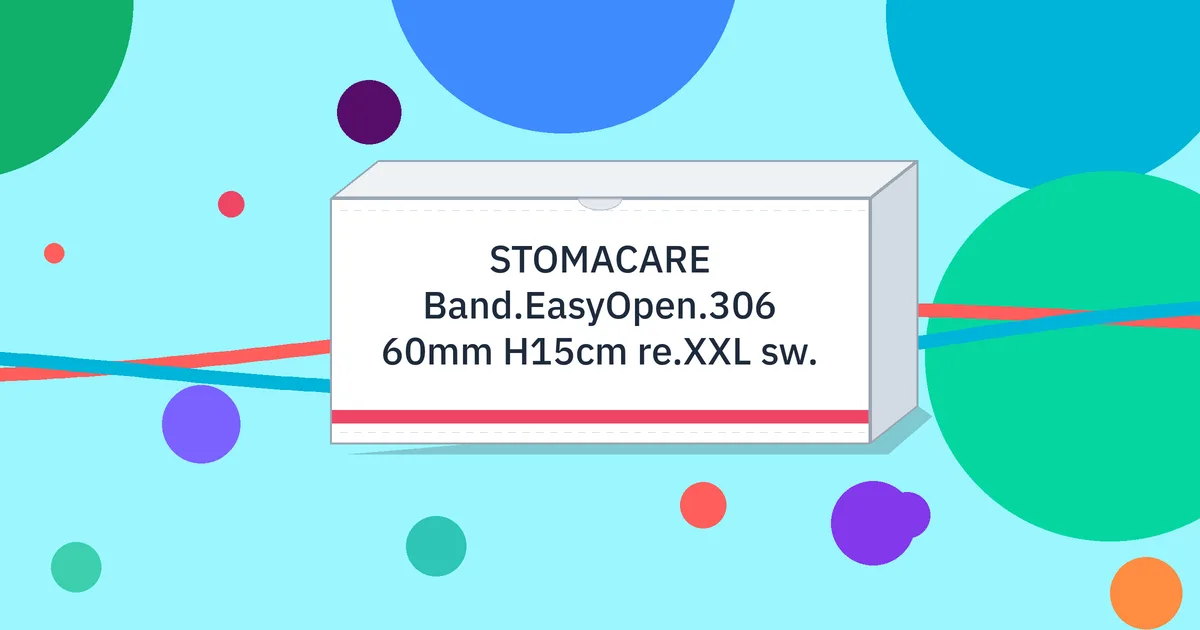 Symbolbild: Packung mit der Aufschrift STOMACARE Band.EasyOpen.306 60mm H15cm re.XXL sw. (PZN 09437483) – Verfügbarkeit und Bezug in Apotheken in Frankfurt am Main