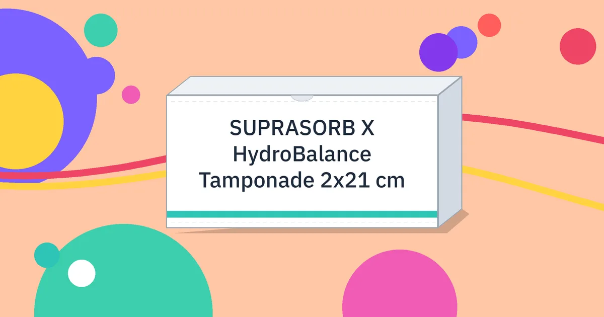Symbolbild: Packung mit der Aufschrift SUPRASORB X HydroBalance Tamponade 2x21 cm (PZN 13345806) – Verfügbarkeit und Bezug in Apotheken in Frankfurt am Main