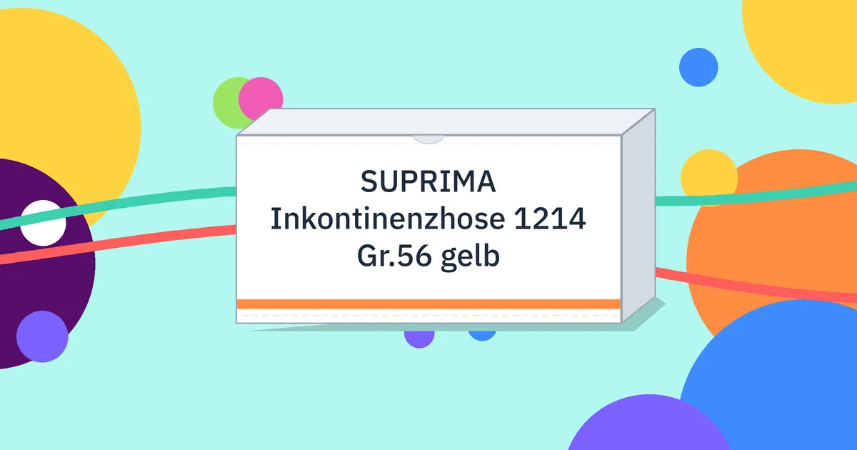 Symbolbild: Packung mit der Aufschrift SUPRIMA Inkontinenzhose 1214 Gr.56 gelb (PZN 02852173) – Verfügbarkeit und Bezug in Apotheken in Frankfurt am Main